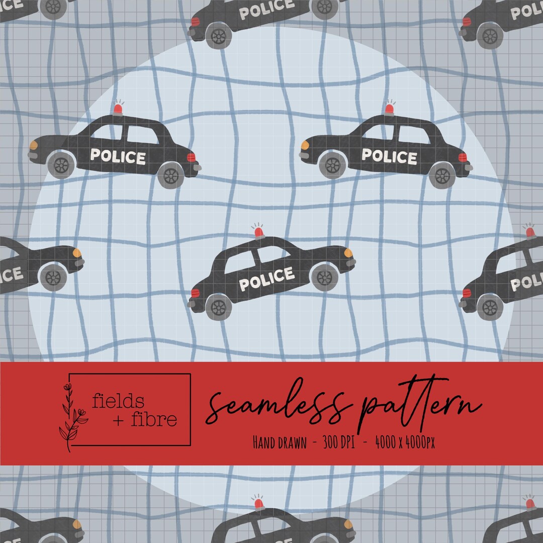 Checkered Police Car Seamless Pattern Hand Drawn Blue Officer Digital ...