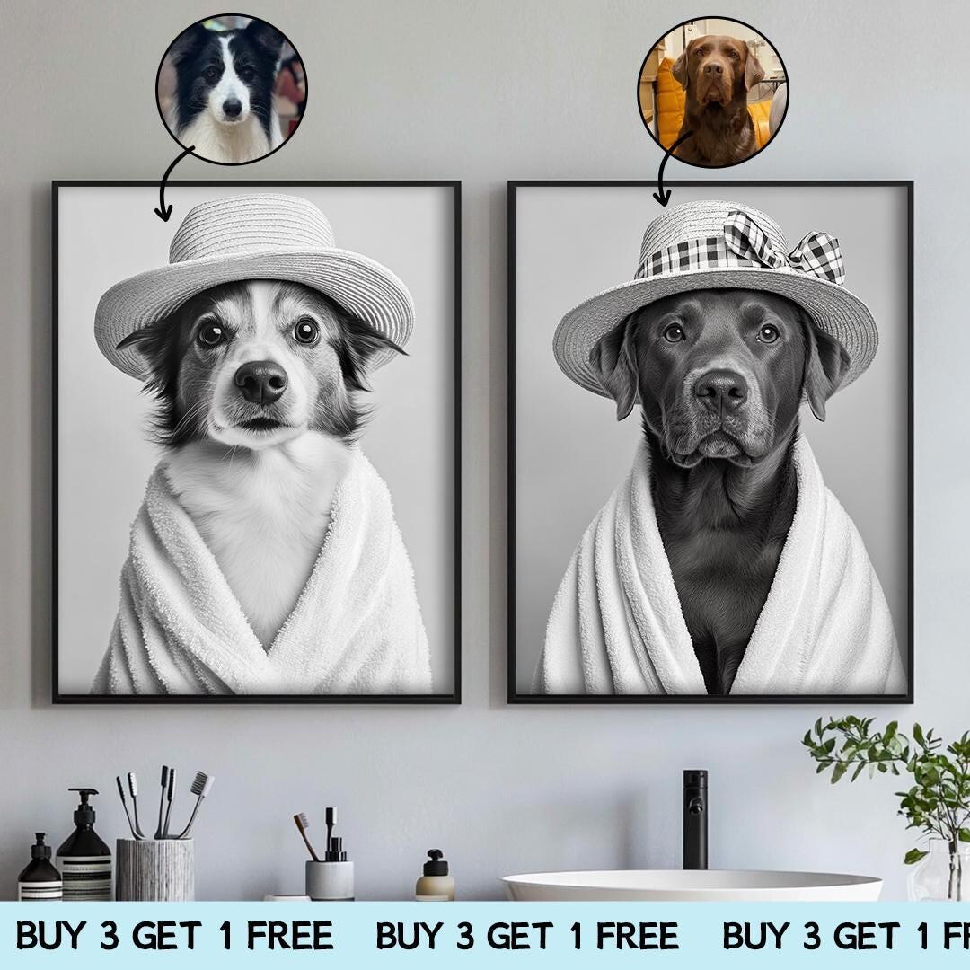 Custom Pet Portrait, Funny Pet Bathroom Art, Dog Wall Art Decor, Dog in ...