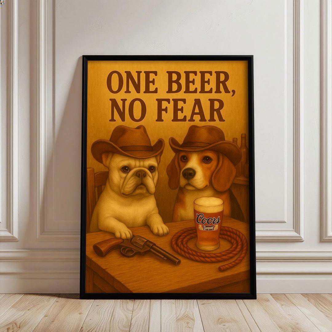 Quirky Pet Cowboy Wall Art Western Dog Cat Print With Beer Rustic Home ...
