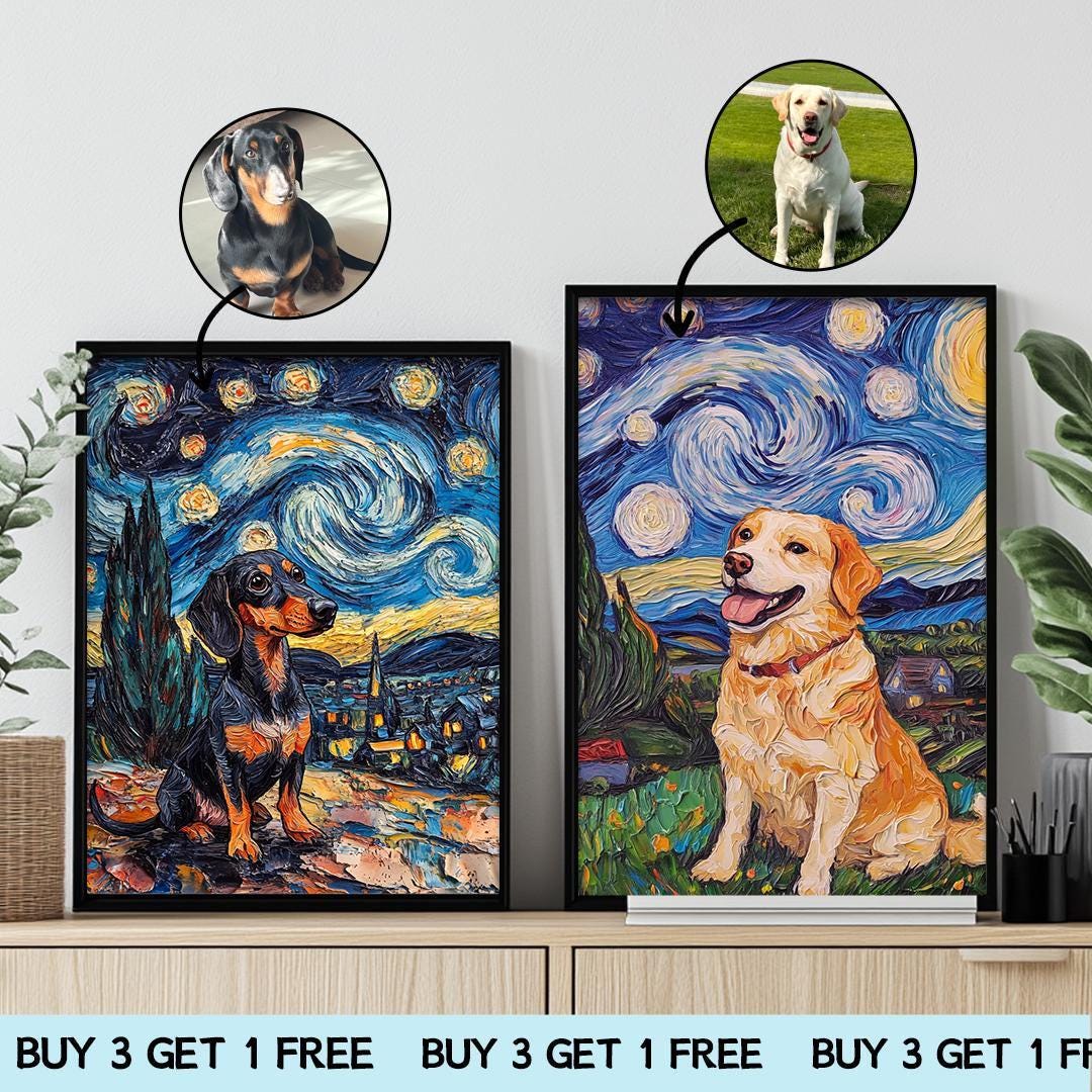 Custom Starry Night Style Pet Print – Personalized Dog Cat Portrait Art ...