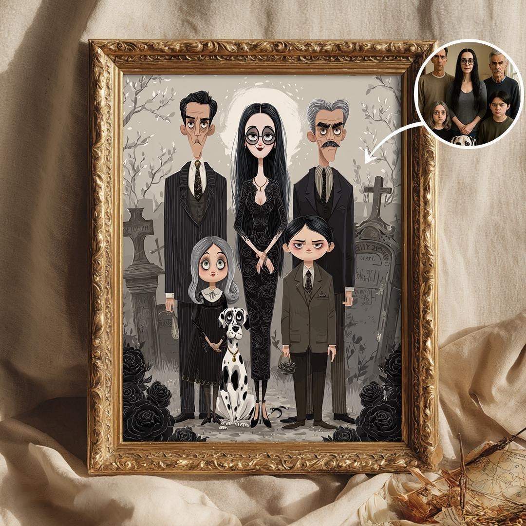 Custom Gothic Family Portrait, Dark Cartoon Style, Tim Burton Inspired ...