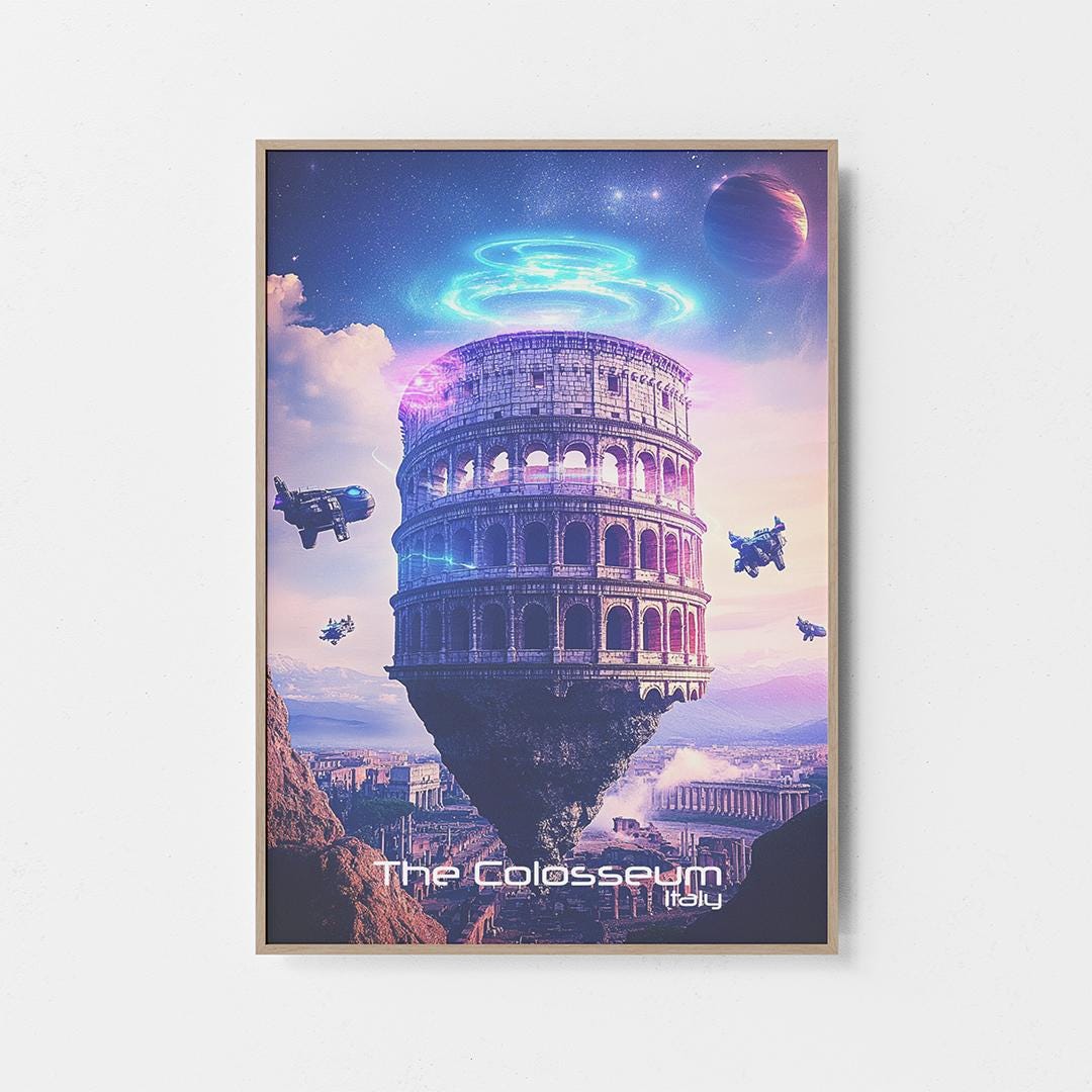 Colosseum Art Print: Futuristic and Cosmic Italy Landmark Illustration ...