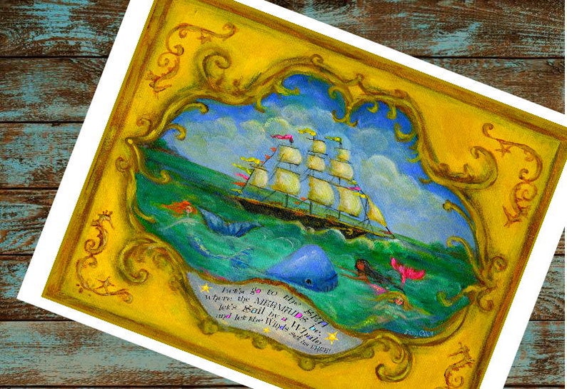 Mermaid Art Print. Nautical Printable Art, Sailing Ship Print, Whale ...