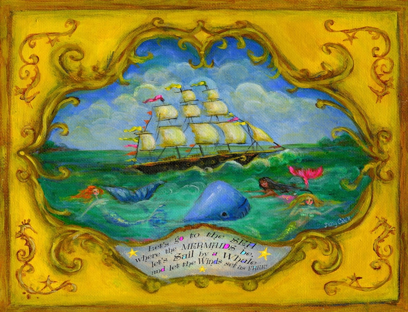 Mermaid Art Print. Nautical Printable Art, Sailing Ship Print, Whale ...