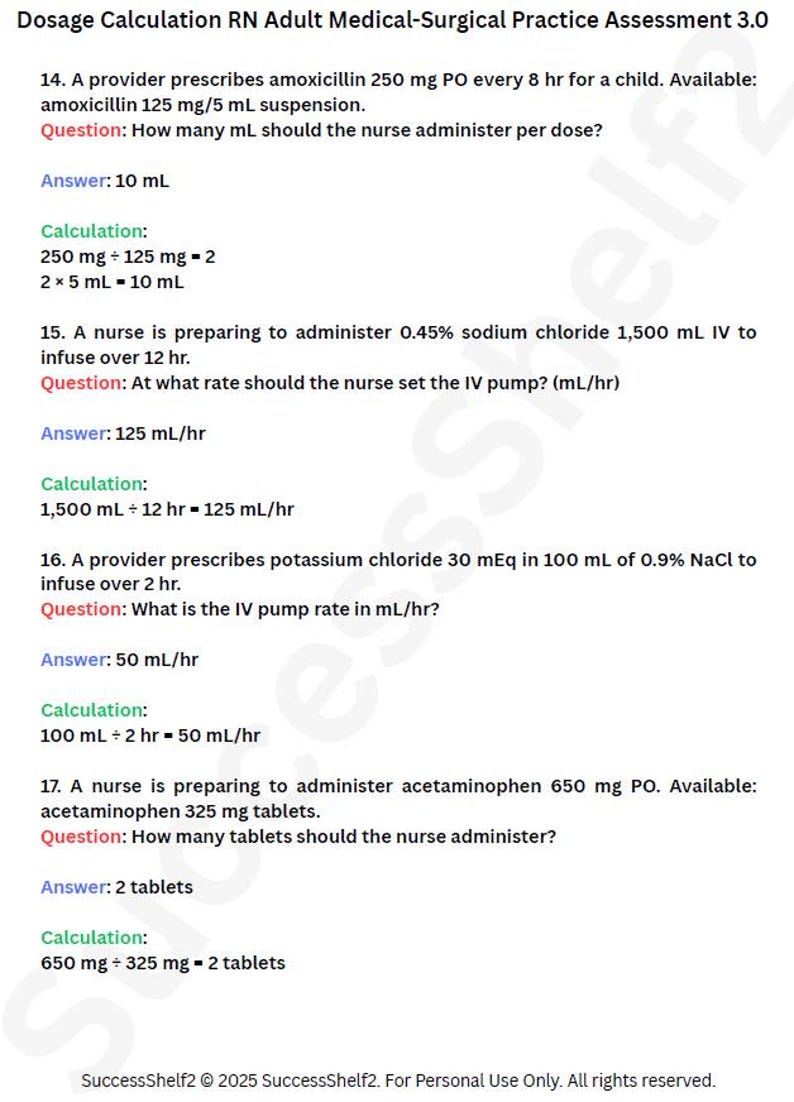 Dosage Calculation RN Adult Medical-surgical Practice Assessment 3.0 ...