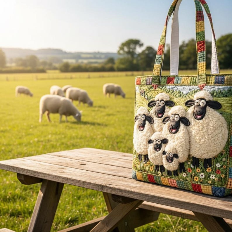 Sheep Quilted Tote Bag – Cute Farm Animal Tote, Padded Fabric Shoulder ...