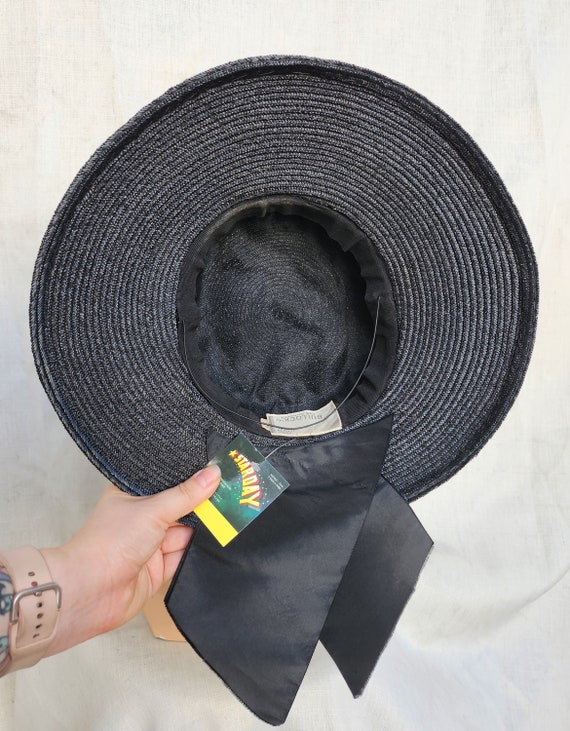 1930s 1940s Black Raffia Straw Wide Brim w/ Black Wid… - Gem