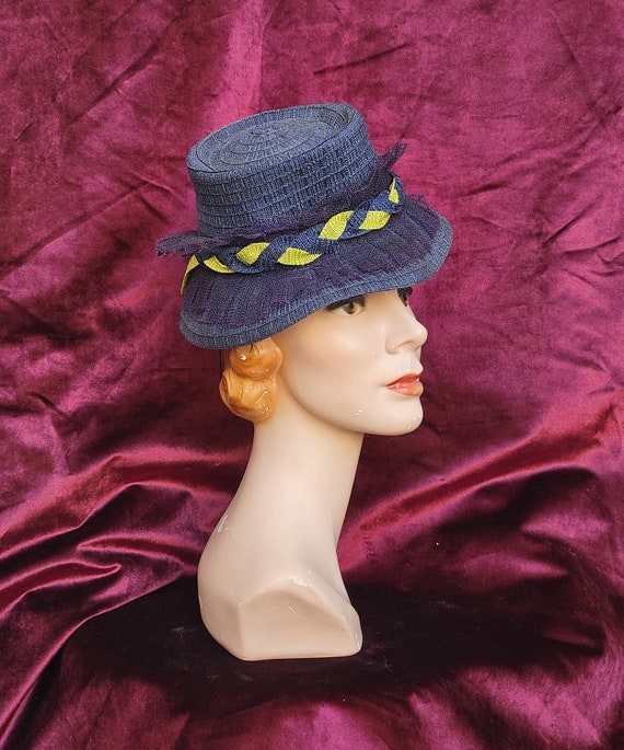 1930s 1940s Blue Chartreuse Two Tone Raffia Ribbon Ti… - Gem