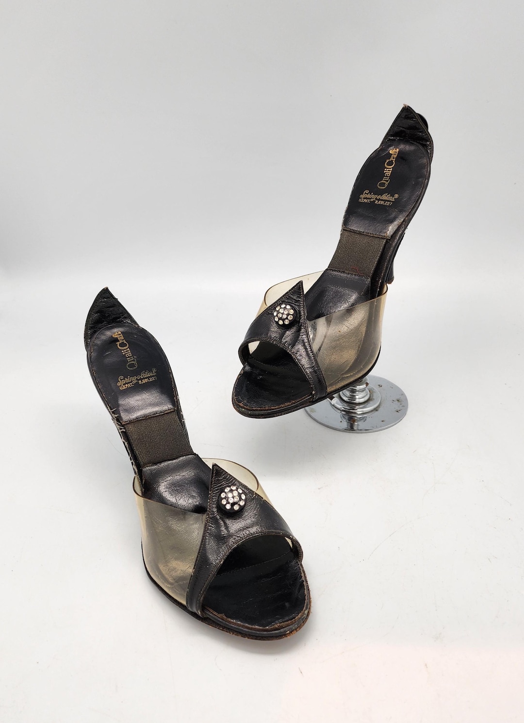 1950s Sz:5.5b Black Patent Leather Clear Vinyl Pointed Vamp Pump W ...