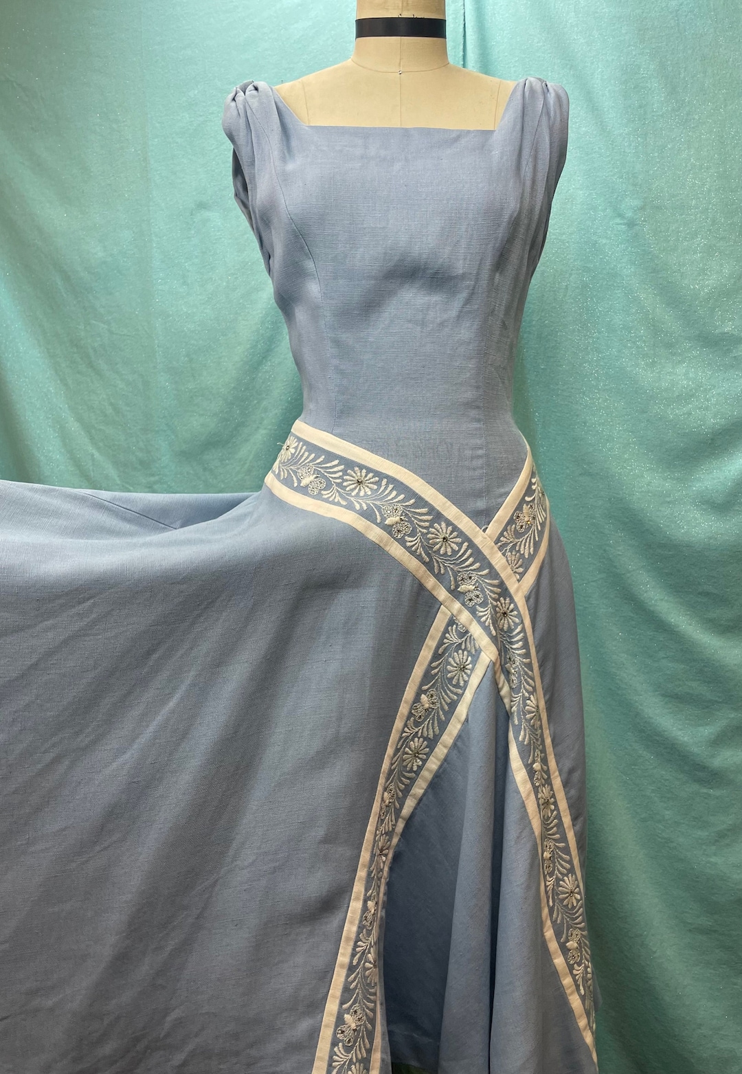 1950s W:24 Carley Moygashel Vintage 50s Cerulean Blue Linen Fit and ...