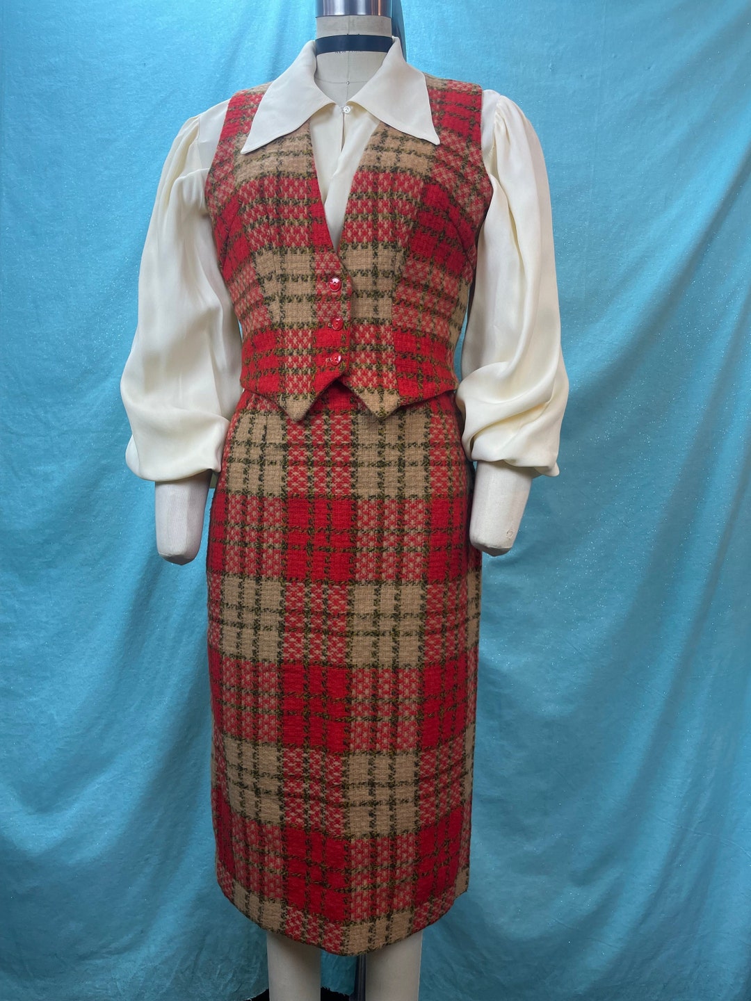 1960s W:26 Vintage Preppy 60s Plaid Vest Pencil Skirt 2 PC Set Mid ...