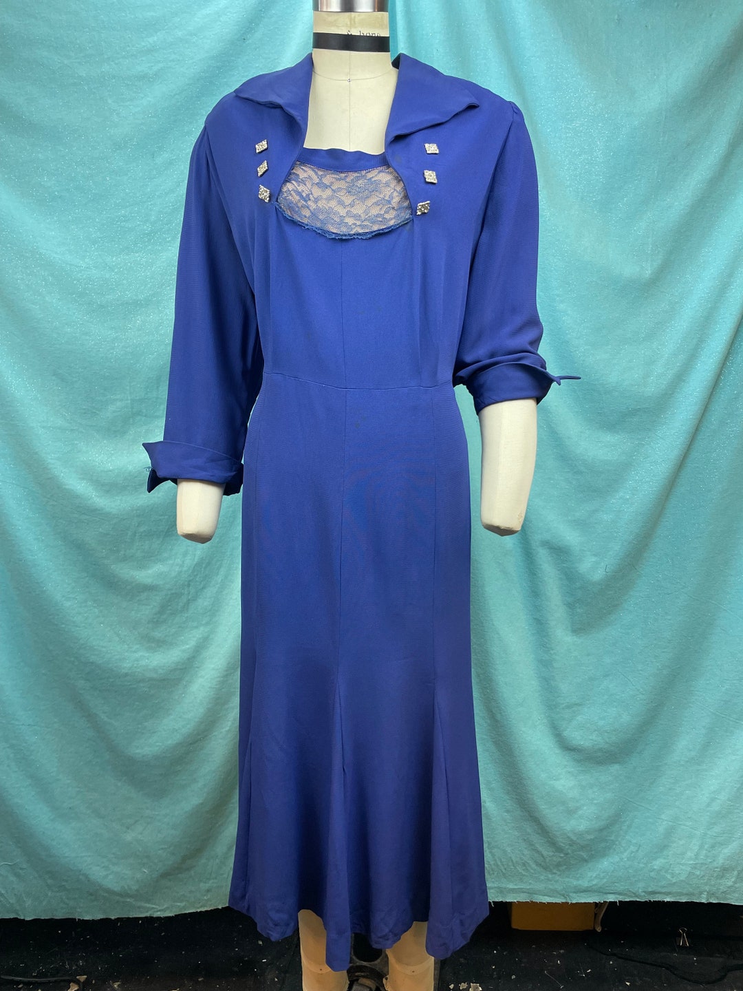 1940s W:38 Finney Boston Vintage 40s Rayon Deep Cerulean Blue Dress ...