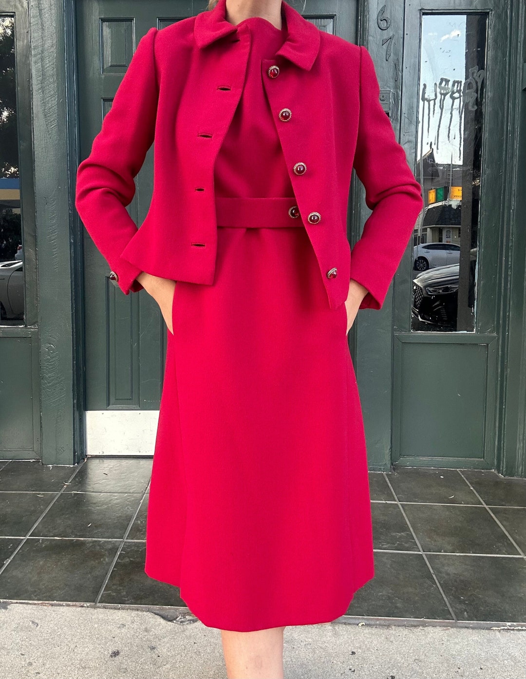 1960’s B: 38 ADELE SIMPSON Crimson Red Wool Crepe Jacket and Shift ...