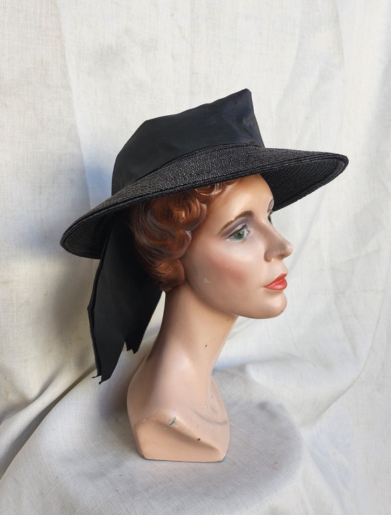 1930s 1940s Black Raffia Straw Wide Brim w/ Black Wid… - Gem