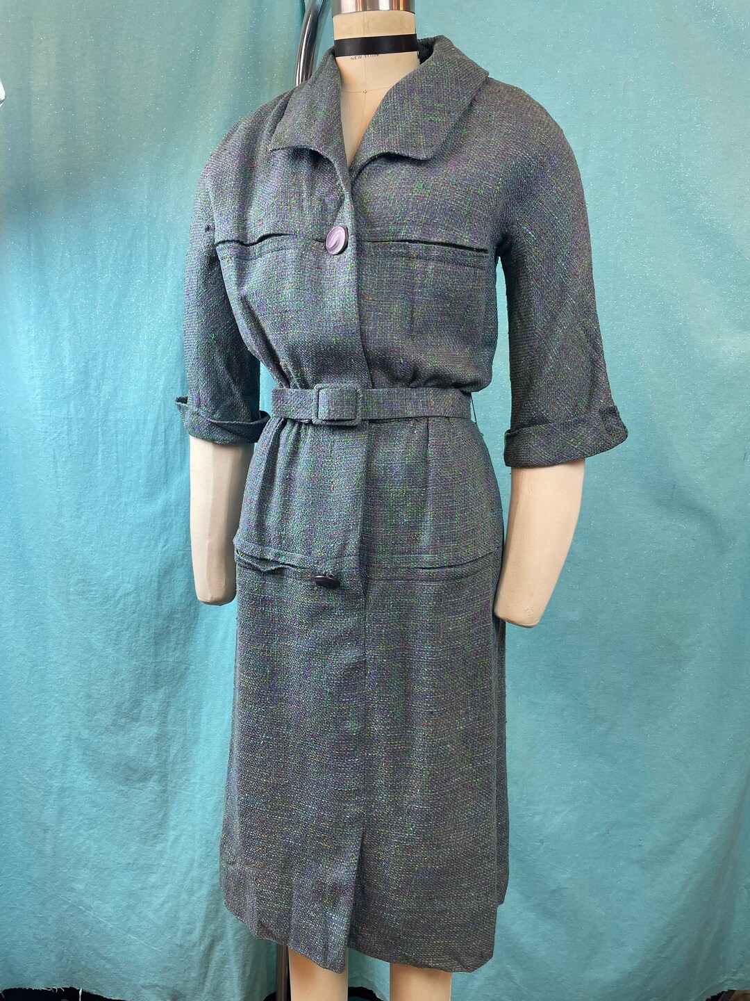 1950s W:26” BARNEY MAX Designs California Green Purple Marled Tweed ...