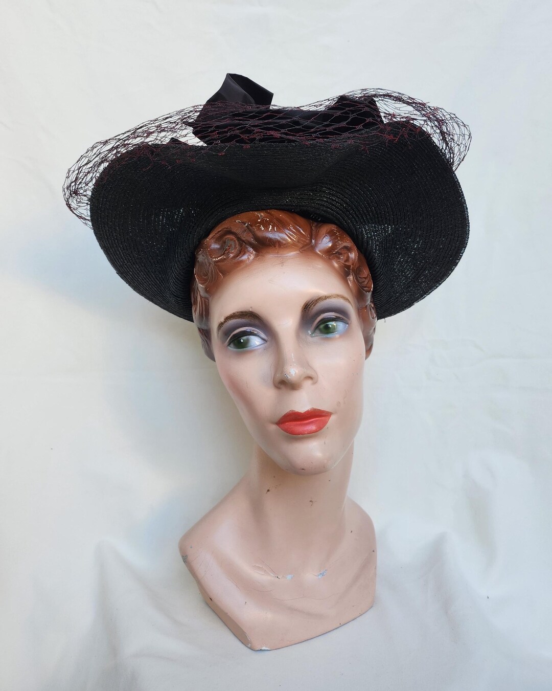 1940s Black Raffia Wide Brim Halo Hat W/ Black Ribbon and Netting Royce ...
