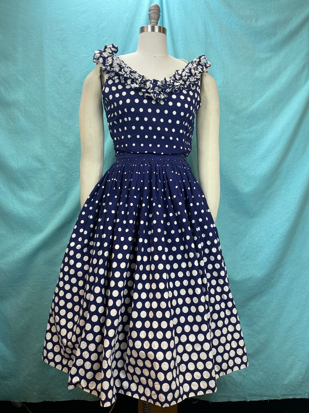 1950s W:26 50s 2PC Set Gradient Print Polka Dot Navy White Frill ...