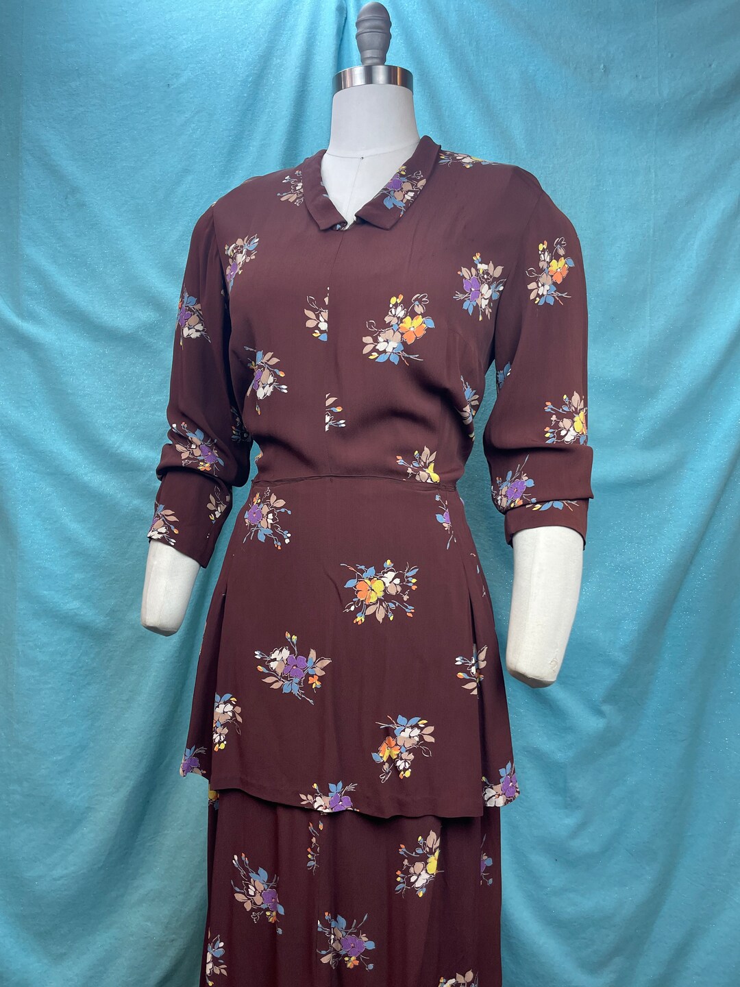 1930s W:38 Vintage Cold Rayon Crepe 30s Brown Flower Bouquet Basque ...