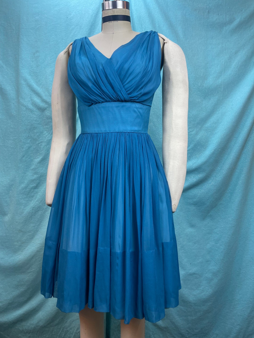 1950s W:23" MEO of California Vintage Blue Sheer Chiffon Dress Mid Riff ...