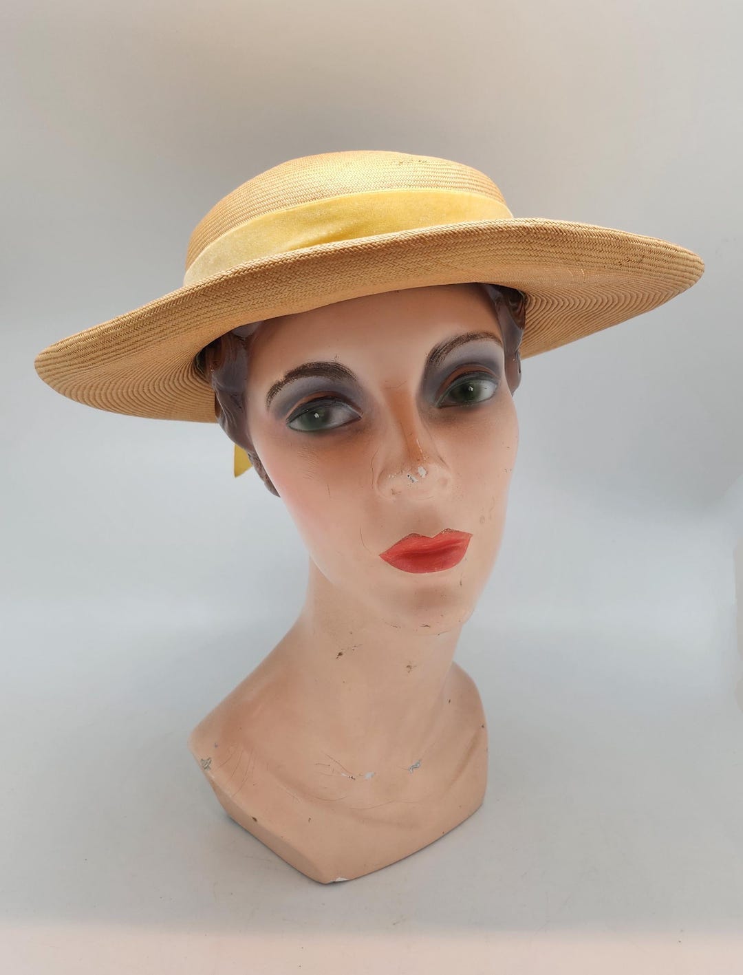 1940s Tan Natural Toned Raffia Wide Brim Straw Hat W/ Light Canary ...