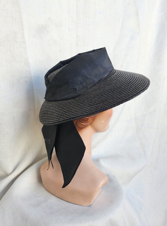 1930s 1940s Black Raffia Straw Wide Brim w/ Black Wid… - Gem
