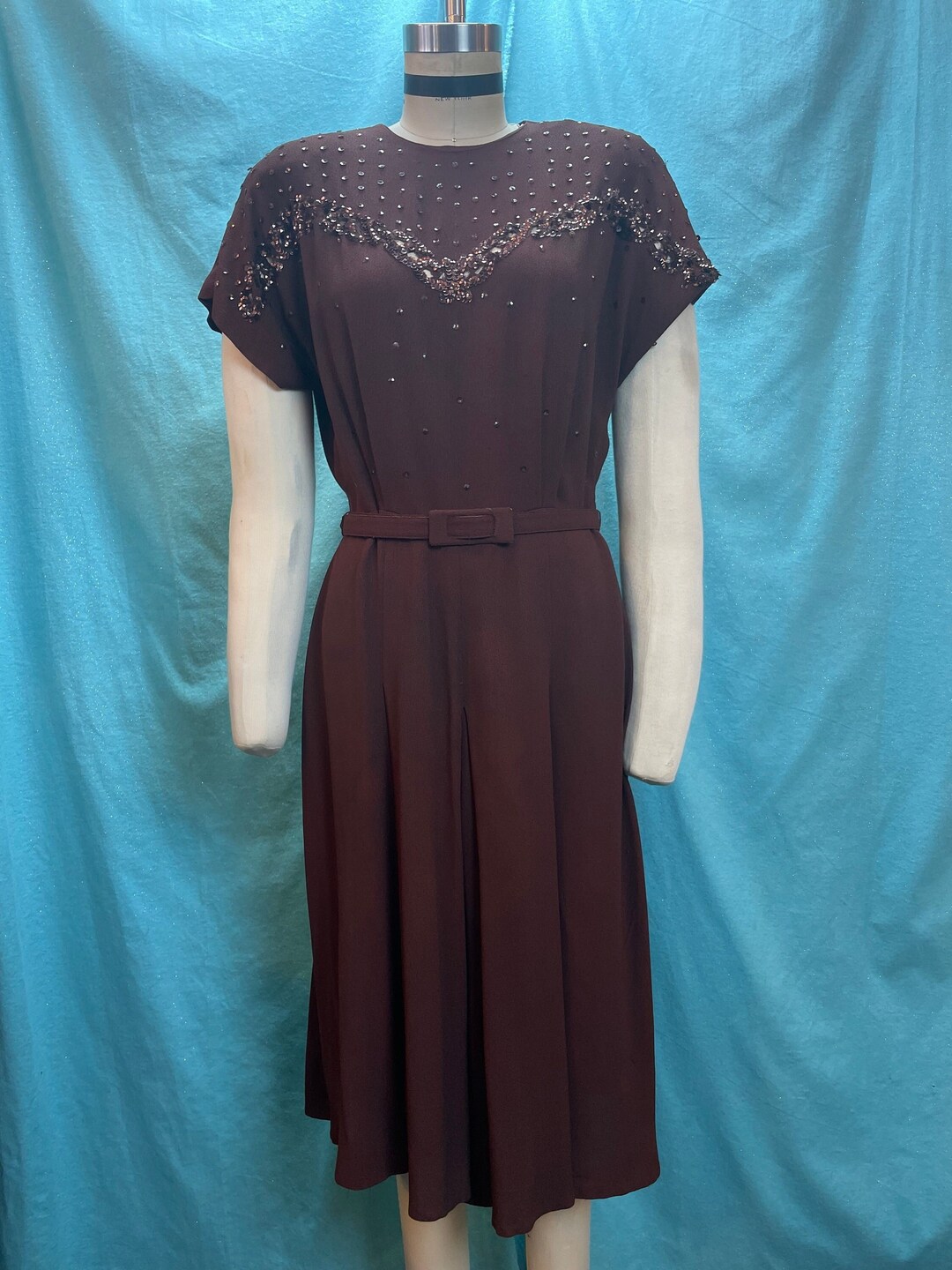 1940s W:30 Madame Renauld Frocks Crepe Brown Dress Matching Belt Sequin ...