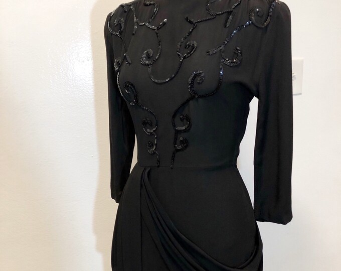 1940s W:24 LBD Sequin Black Rayon Crepe 3/4 Sleeve Hip Drape - Etsy