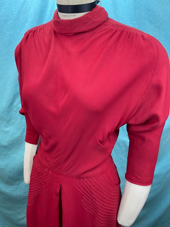 1940s W:26” R&K Vintage 40s bright red rayon crepe hi… - Gem