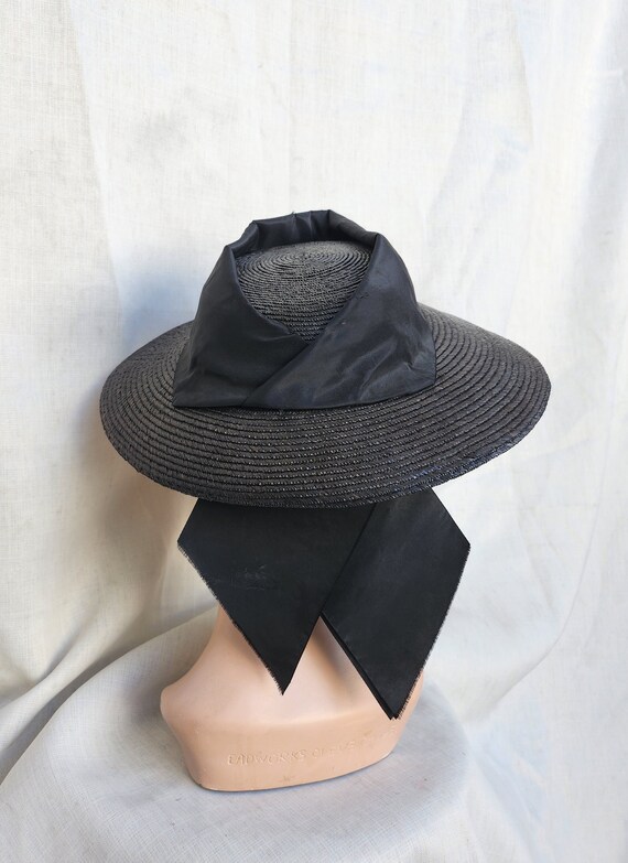 1930s 1940s Black Raffia Straw Wide Brim w/ Black Wid… - Gem