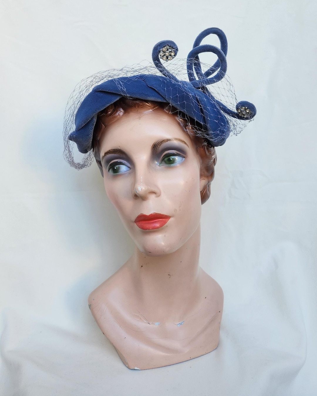1950s Powder Blue Velvet Capulet Style Hat W/ Powder Blue Netting and ...