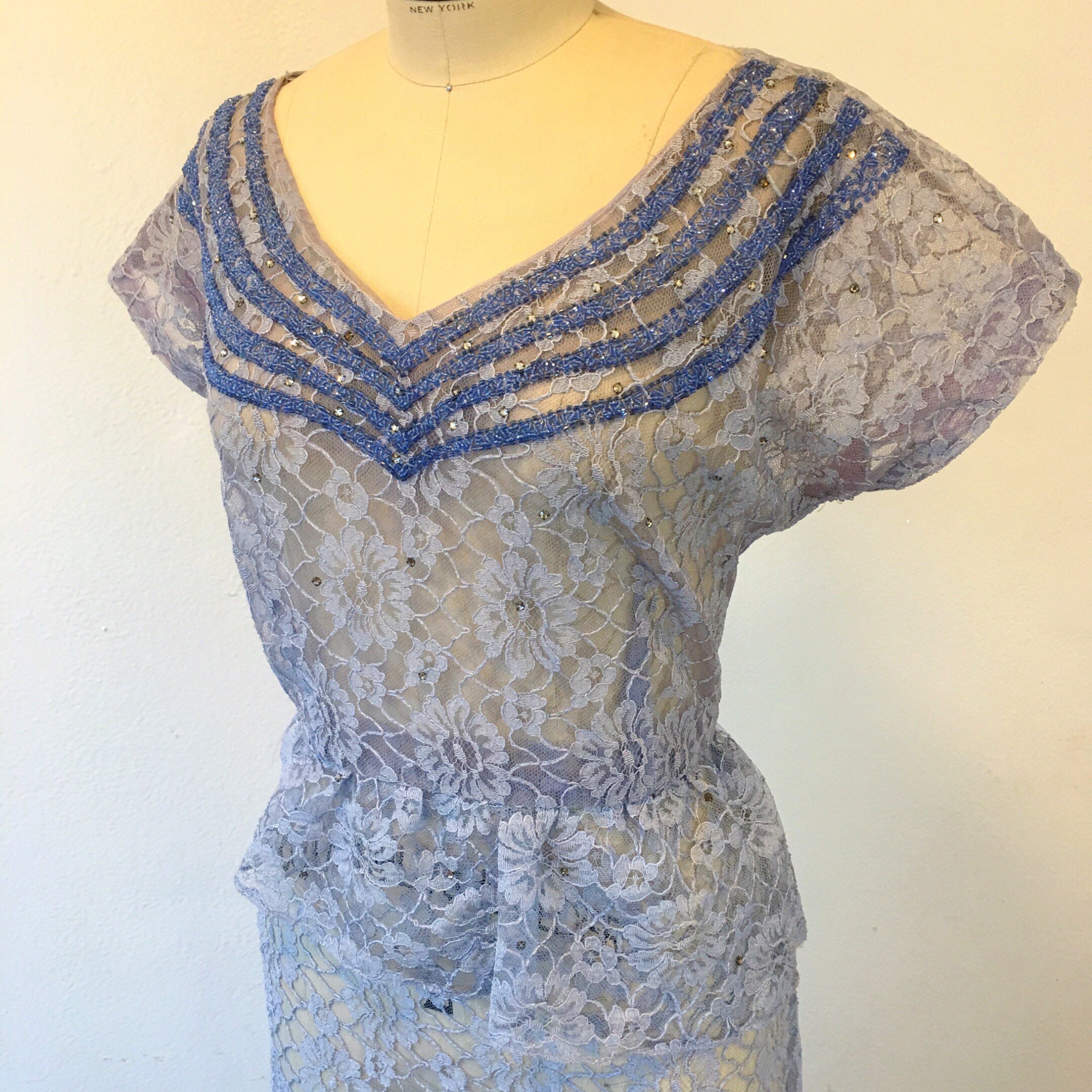 1940s/1950s W:30 Baby Blue Sheer Lace Beaded Rhinestone 1940s/1950s W:30 Baby Blue Sheer Lace Beaded Rhinestone