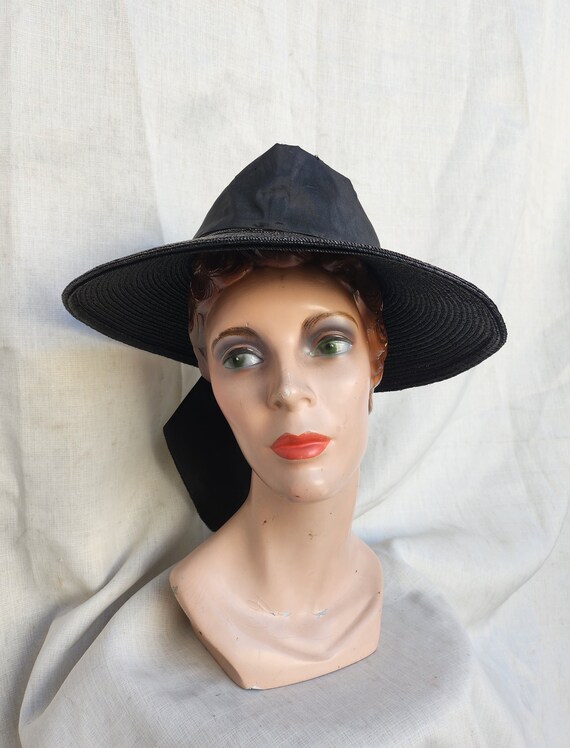 1930s 1940s Black Raffia Straw Wide Brim w/ Black Wid… - Gem