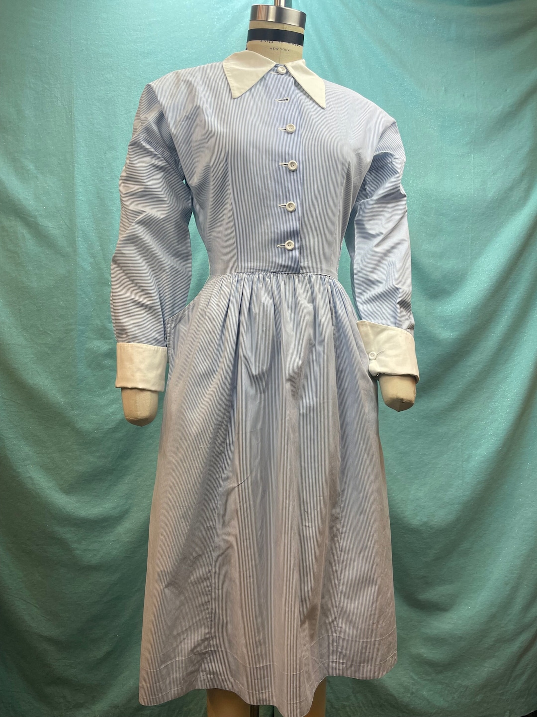 1930s W:25” Vintage 30s Milton C. Blum Button up Dress Wide Blue White ...