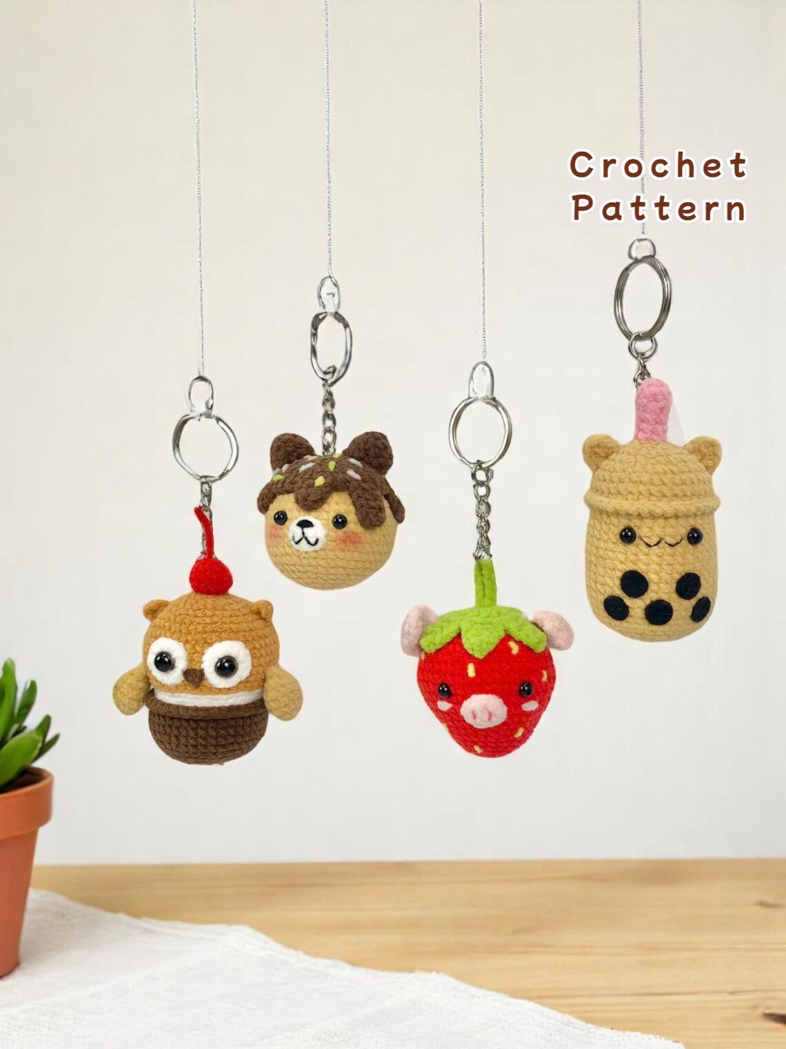 Amigurumi Food Keychain Crochet Pattern, Bear, Strawberry, Bubble Tea ...