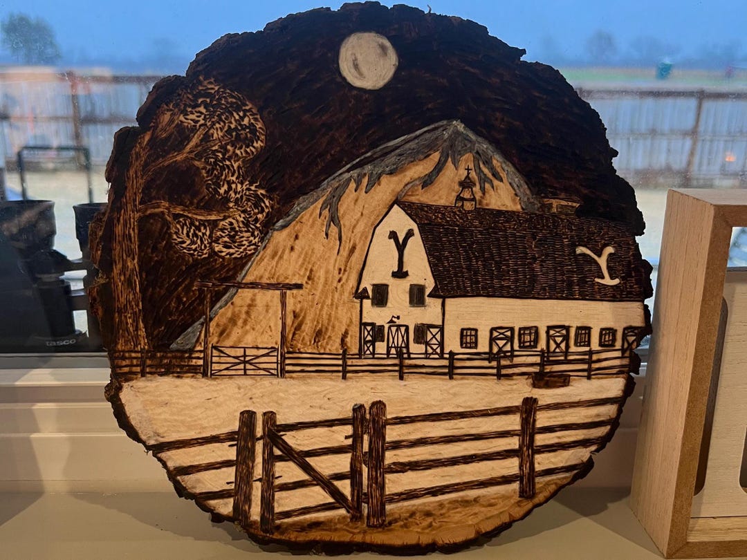 Yellowstone Barn Pyrography Art - Rustic Round Wood Decor - Etsy