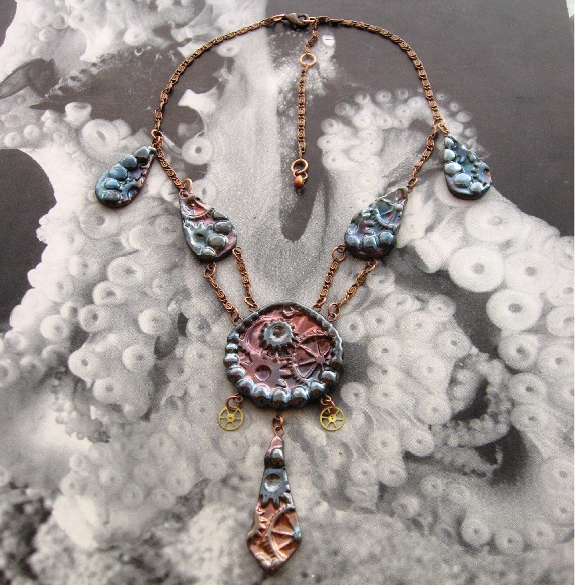 Ceramic Steampunk Necklace - Bronze and Green Double Chain Gears ...