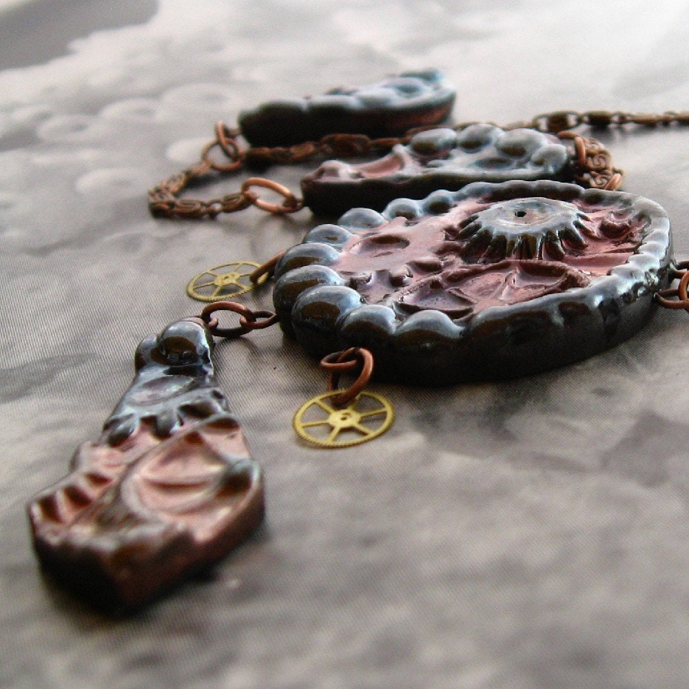 Ceramic Steampunk Necklace - Bronze and Green Double Chain Gears ...