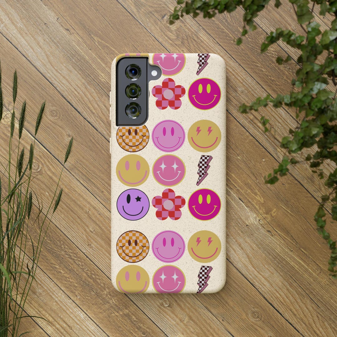 Phone Case, Smiley Face Grid Pattern, Fun Eco-friendly Biodegradable ...