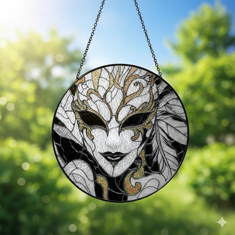 Elegant Carnival Mask Glass Suncatcher, Mardi Gras Ornaments Decoration ...