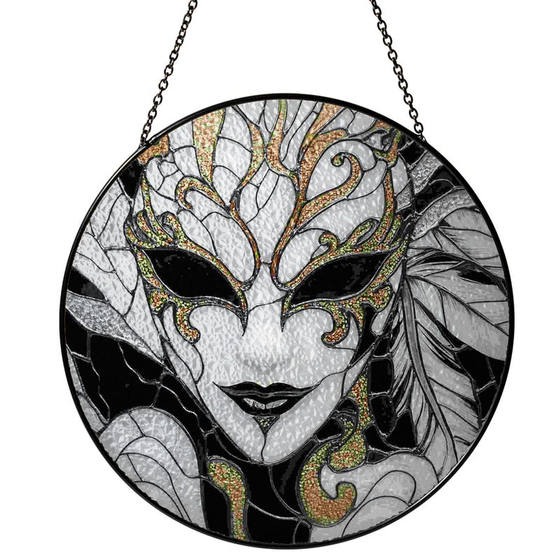Elegant Carnival Mask Glass Suncatcher, Mardi Gras Ornaments Decoration ...