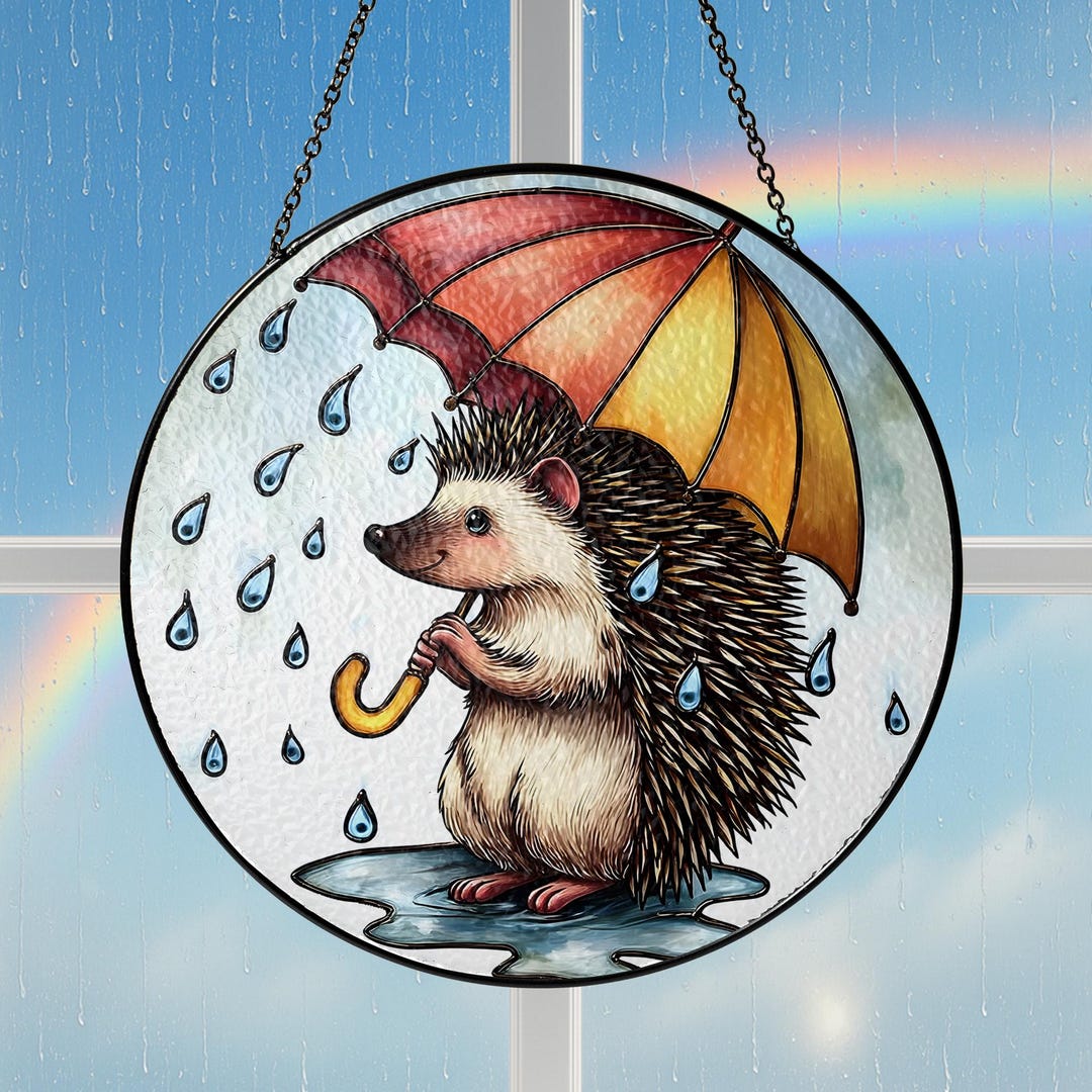 Hedgehog With Umbrella Suncatcher, Cute Rainy Day Animal Window Decor ...