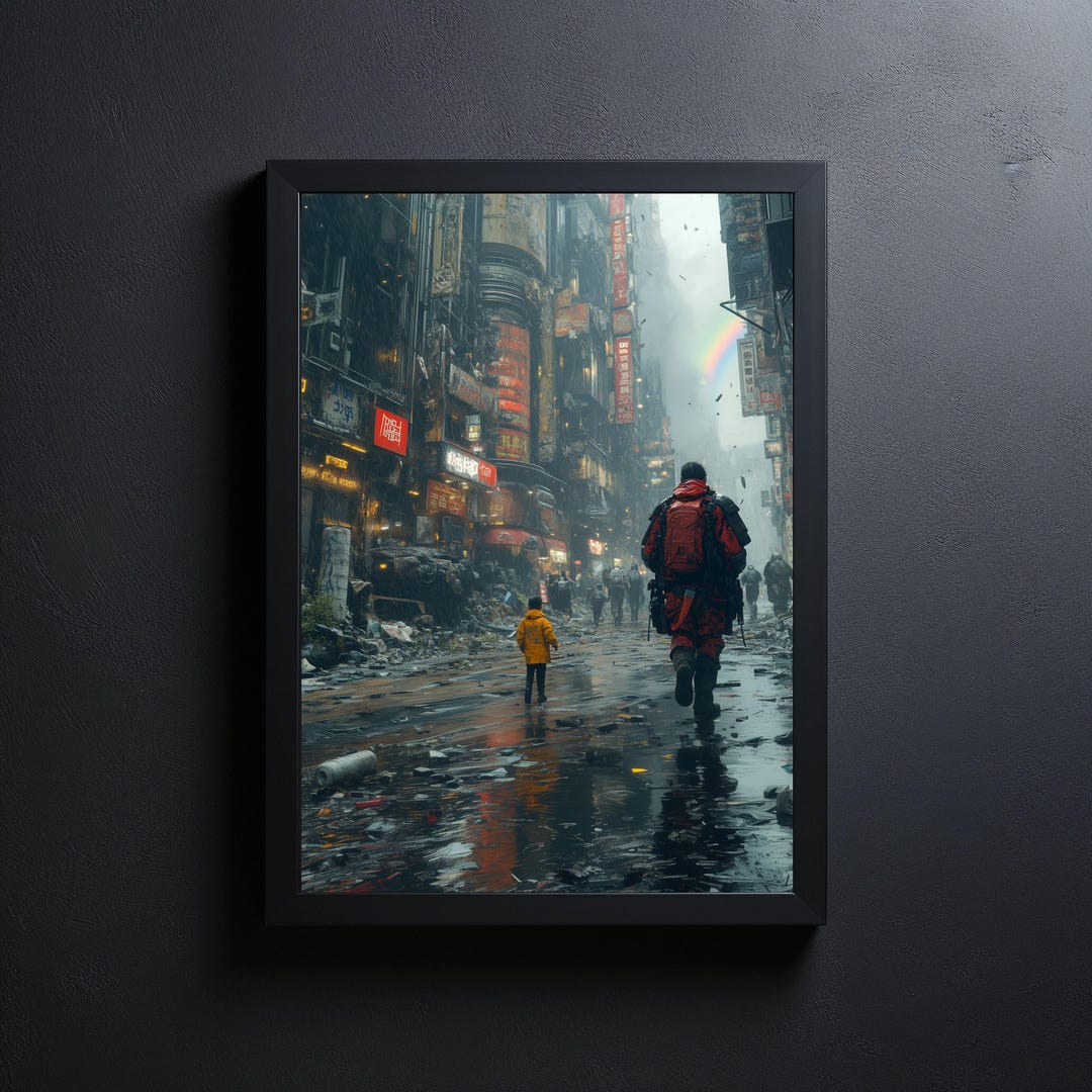 Abandoned City in Cyberpunk Style, Art Print With Rainbow, Dystopian ...