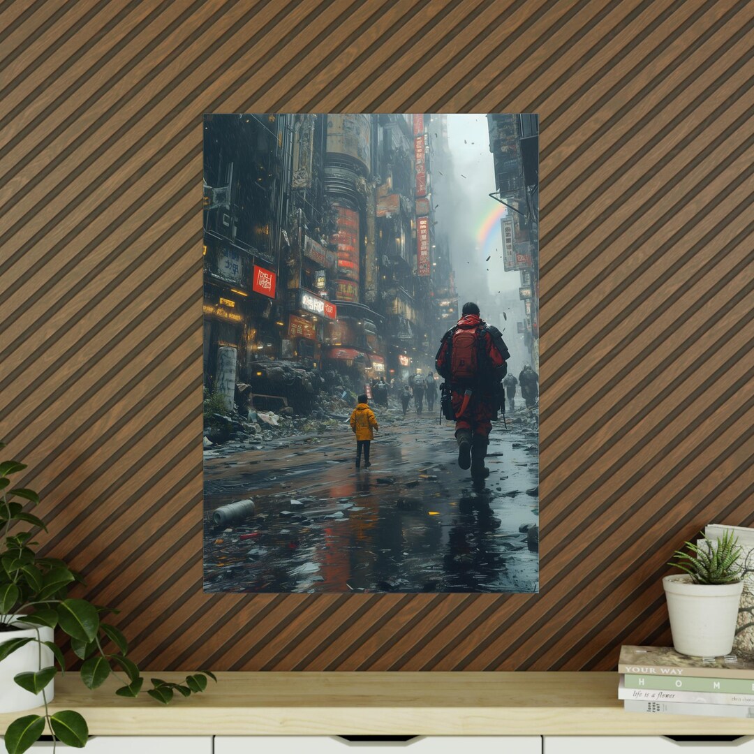 Abandoned City in Cyberpunk Style, Art Print With Rainbow, Dystopian ...