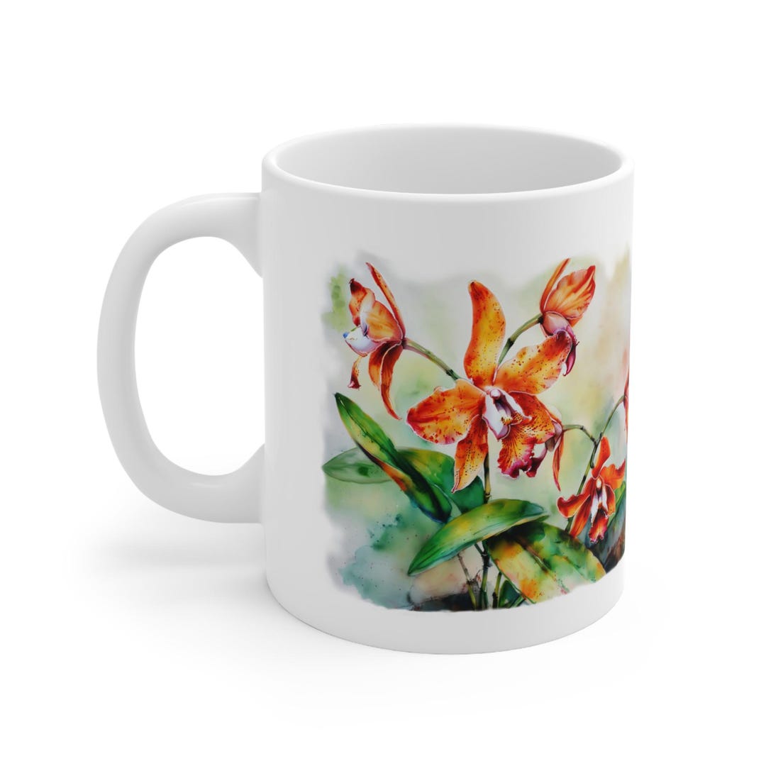 Ceramic Mug, Orange Cattleya Orchid Water Color Coffee Cup, Gift for ...