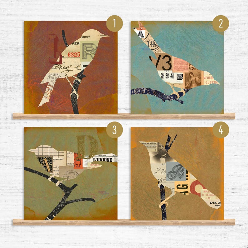 Collage Birds Wall Art — 4 Vintage Style Mixed Media Bird Prints to ...