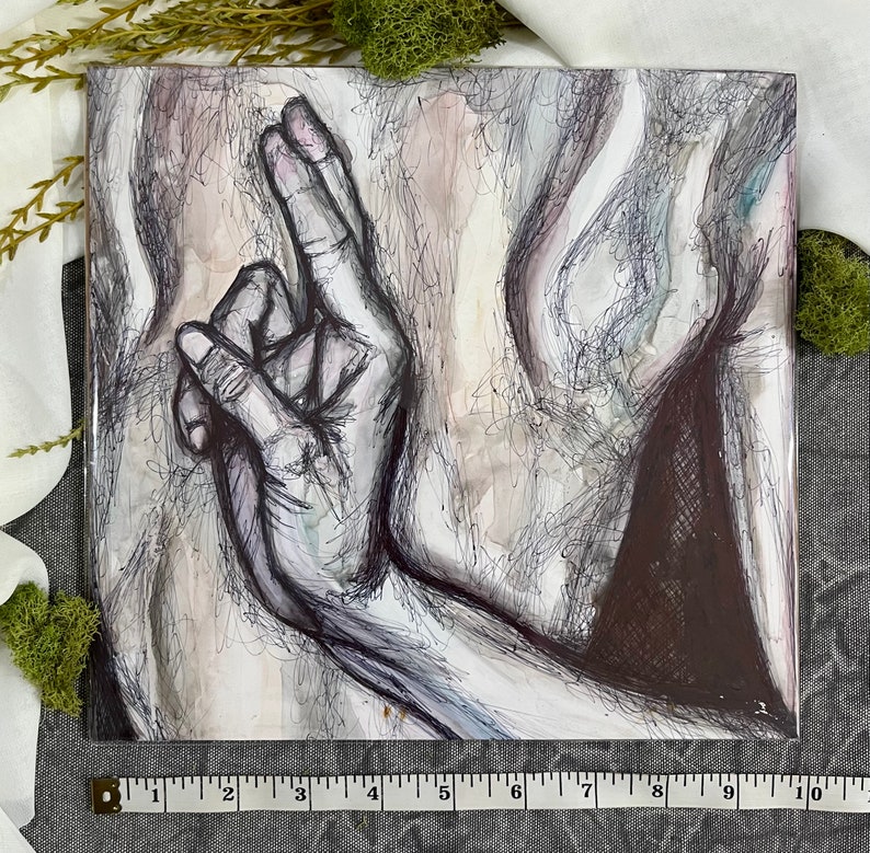 Original Art- Black Ink and Watercolor Painting Fingers Crossed Drawing ...