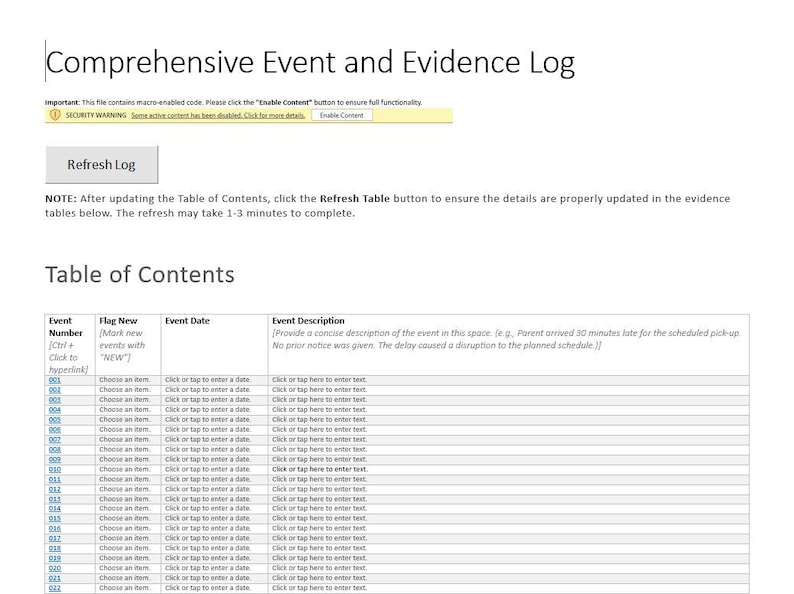 Evidence and Incident Tracking Log for Child Custody Family Court ...