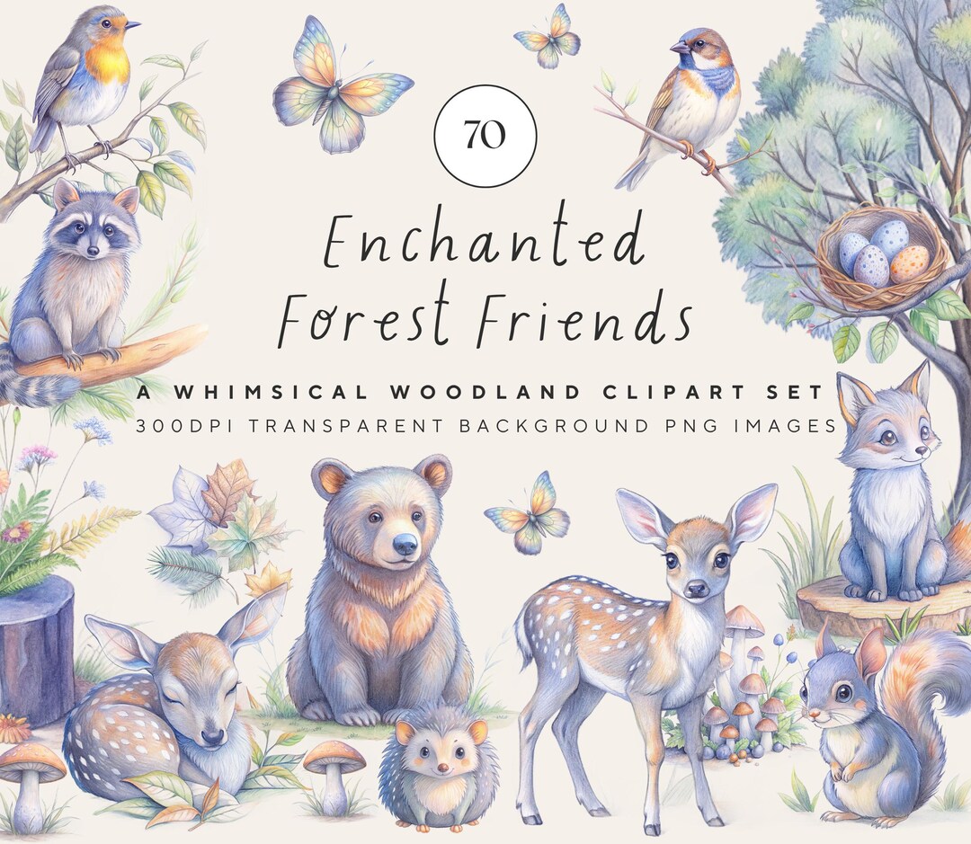 Enchanted Forest Friends Clipart | Woodland Animal PNG Set | Pastel ...