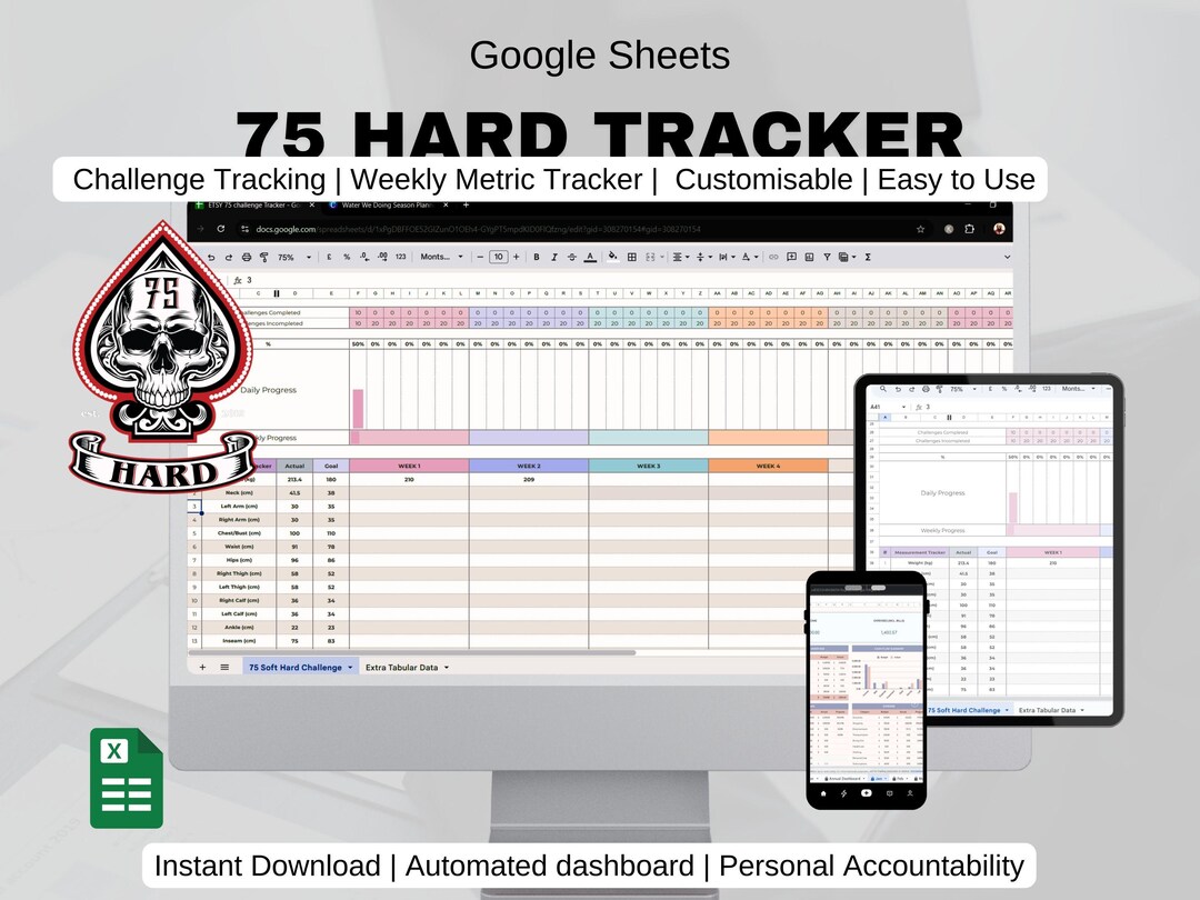 75 Hard Tracker - Editable Digital Download - Google Sheets Template ...
