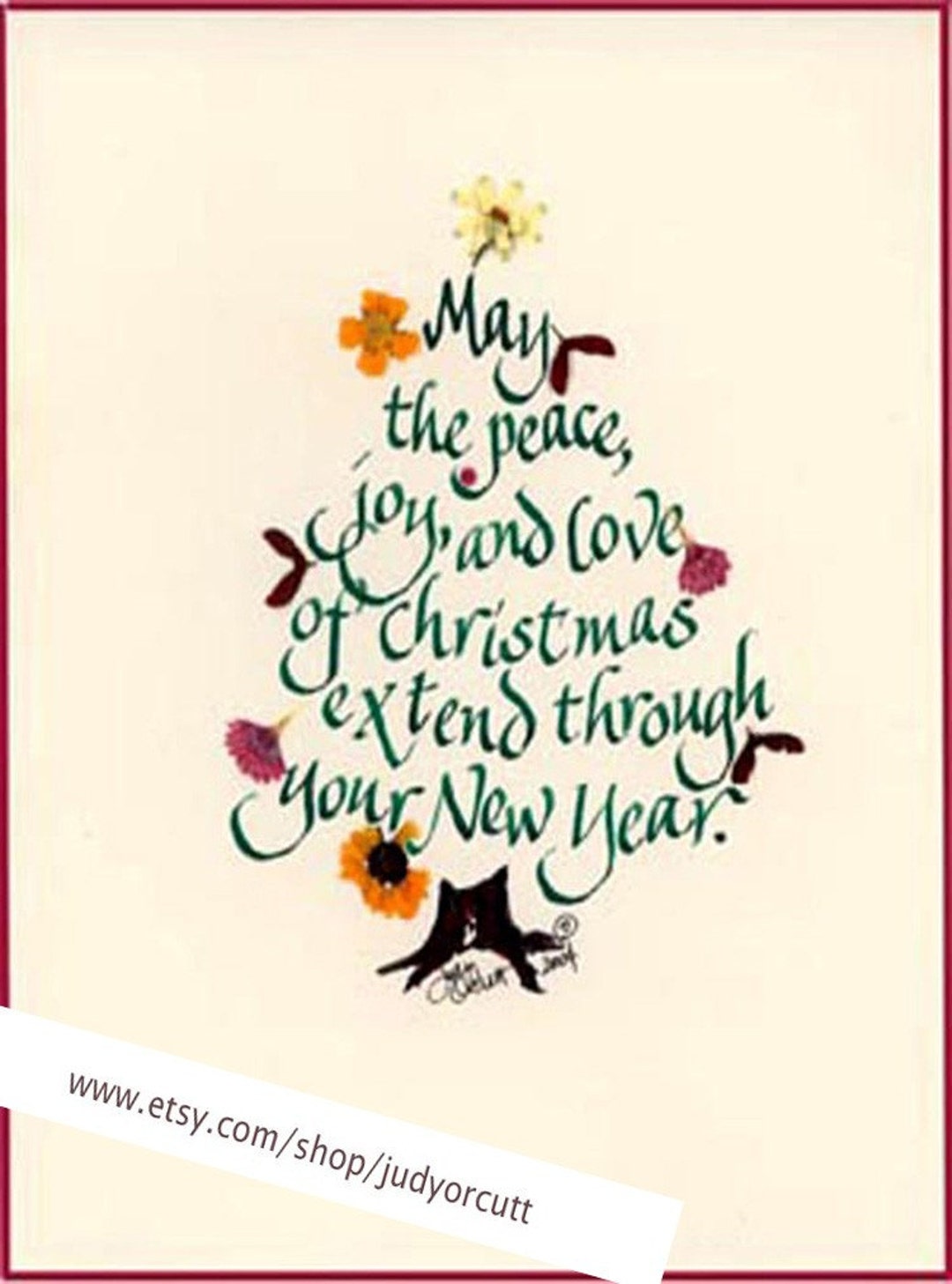 Calligraphy Christmas Tree Words Pressed Flower Ornaments Green ...